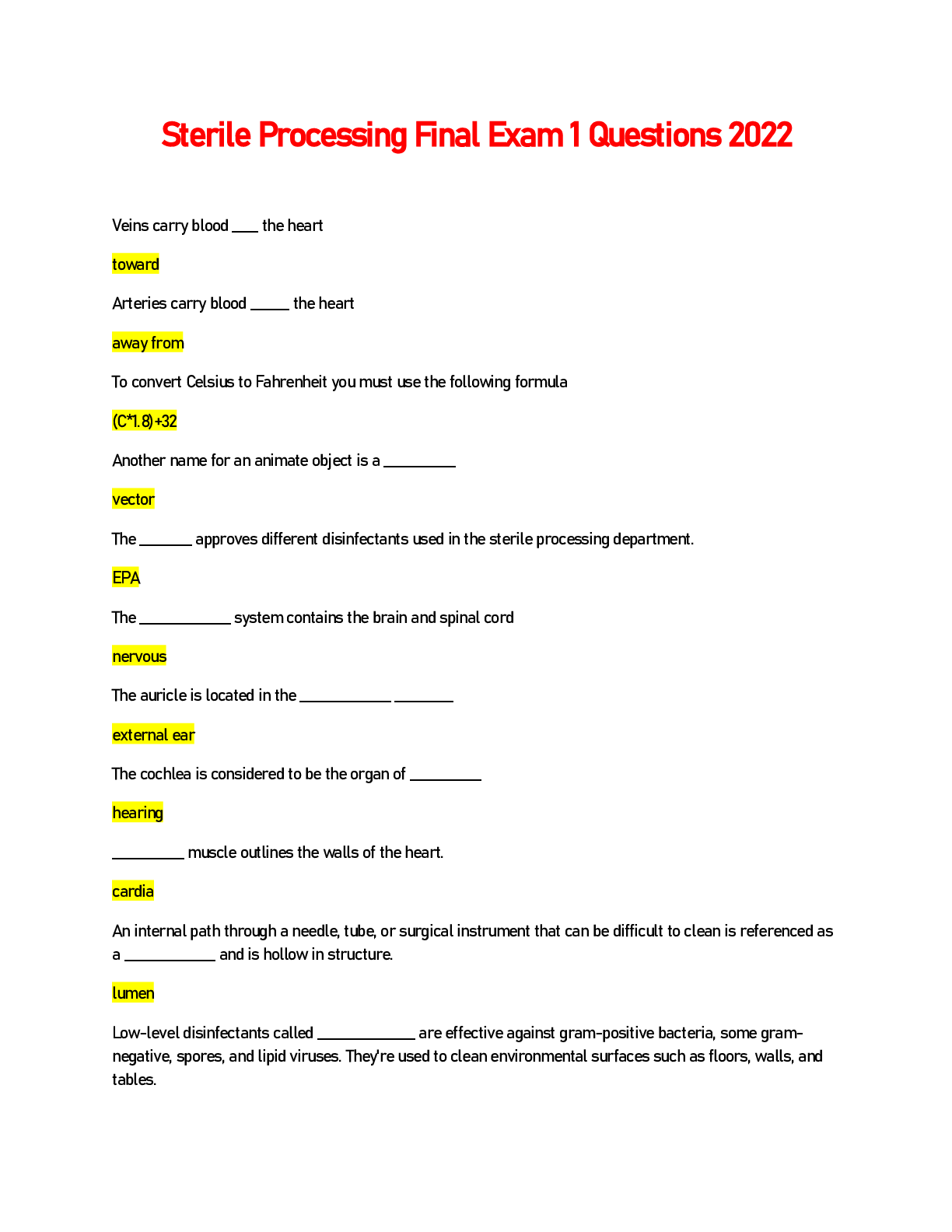 Sterile Processing Final Exam 1 Questions 2022 - Scholarfriends